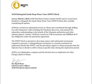 AGM Petroleum Ghana relinquishes South Deep Water Tano block – Citi ...